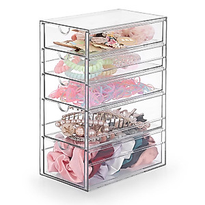 Hipiwe 5-Drawers Plastic Storage Organizer, Clear Hair Accessories Organizer with Large Capacity for Bathroom, Dresser, Cosmetic Hair Tie Container for Girls Women