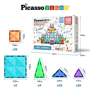 PicassoTiles 100 Pieces Magnetic Tiles Building Blocks Mini Size Diamond Series Magnet Toys Travel Size On-The-Go Construction Sensory Toys Gifts Educational Set STEM Learning Kit Playset PTM100