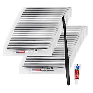 Xuezoioy Disposable Toothbrushes with Toothpaste Pack of 30,Black Individually Wrapped Disposable Travel Toothbrush Kit in Bulk for Homeless,Nursing Home,Shelter,Hotel,Charity