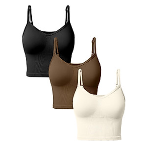 OQQ Women's 3 Piece Shirt Seamless Workout Exercise Adjustable Spaghetti Strips Yoga Sports Crop Bra, Black,coffee,beige, Large