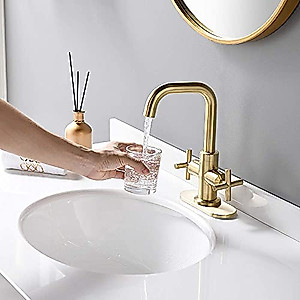 Phiestina Brushed Gold 2-Handle 4 Inch Centerset Bathroom Faucet with Drain,Deck Plate and Supply Hoses, Fit for 1 or 3 Hole, SGF002-10-BG