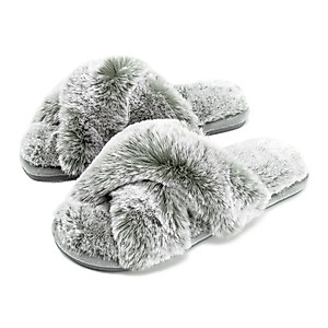 Cozyfurry Womens Cross Band Slippers Cozy Furry Fuzzy House Slippers Open Toe Fluffy Indoor Shoes Outdoor Slip on Warm Breathable Anti-skid Sole Tip Grey 9-10 L