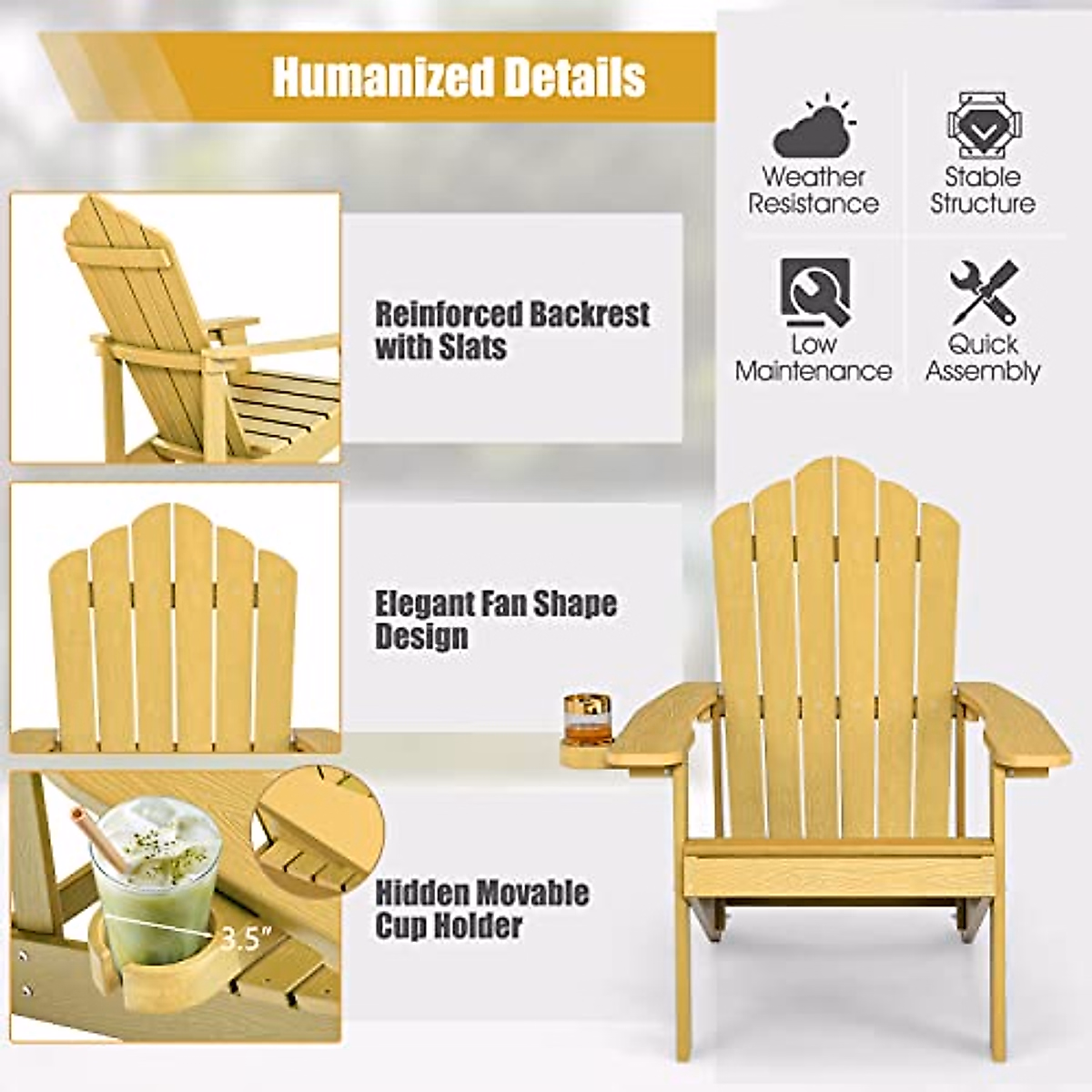 Giantex Outdoor Adirondack Chair - Oversized Patio Chairs w/Hidden Cup Holder, Realistic Wood Grain, 380 LBS Weight Capacity, Weather Resistant Firepit Chairs for Backyard, Garden (1, Yellow)
