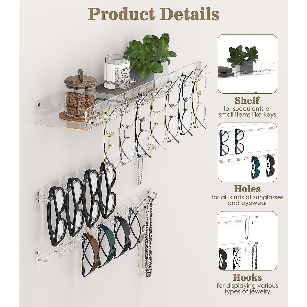 MoKo 3 Pack Acrylic Sunglass Organizer Wall Mount, Clear Sunglass Display Case Storage Hanging Holder for Entryway Living Room Bedroom, Clear