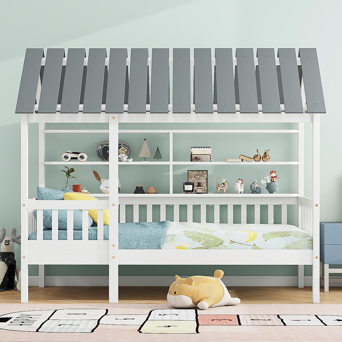 Harper & Bright Designs House Bed Twin Size with Fence Guardrails, Montessori Bed Frame with Storage Shelves, Wood Playhouse Beds for Kids Girls Boys, White