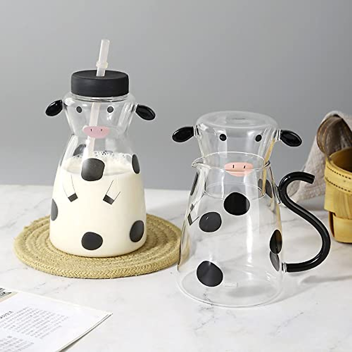 RockTrend Cartoon Cow Clear Glass Bedside Night Water Carafe Set with Tumbler, Pitcher And Cup Night Set