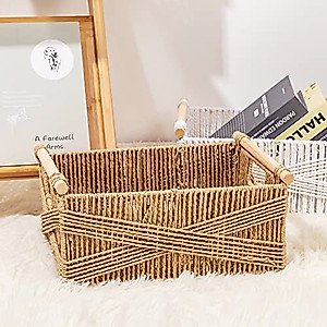 ANMINY 3 Pack Woven Storage Basket with Wood Handles Handmade Natural Paper Rope Decorative Boho Desk Wicker Storage Bins Box Set Nursery Baby Kid Large Meduim Small Shelf Organizer Container - Brown
