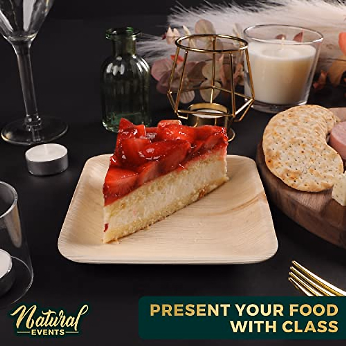 Natural Events 6" Premium Palm Leaf Plates - Disposable Party Set for Charcuterie Appetizers & Desserts, Heavy Duty Bamboo Wood, 100% Compostable, Biodegradable & Eco-Friendly (6 Inch Square, 50 Pack)