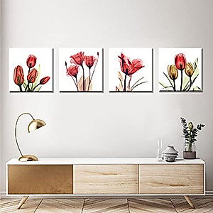 Red Tulip Wall Art Prints - Plant Paintings Decor for Kitchen Natural Style Flowers Canvas Pictures Artwork for Living Room Bathroom Teens Bedroom Home Decoration Framed 12 x 12 Inches Ready to Hang