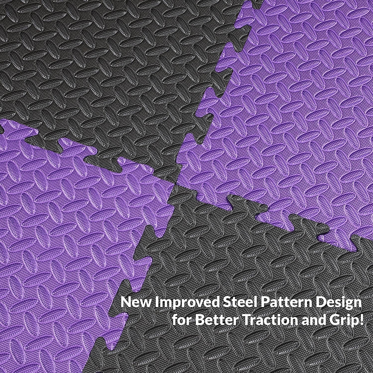 Xspec 1" Extra Thick 48 sq ft Reversible EVA Gym Foam Floor Mat Tiles (24" x 24"), Steel Pattern, 12 pcs, Black/Purple