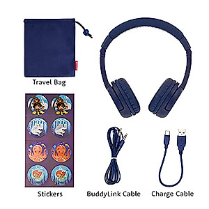 ONANOFF BuddyPhones Play+, Wireless Bluetooth Volume-Limiting Kids Headphones, 20-Hours Battery Life, 3 Volume Settings, Voice Enhancing StudyMode, Answer/Playback Button, BuddyLink Cable, Deep Blue