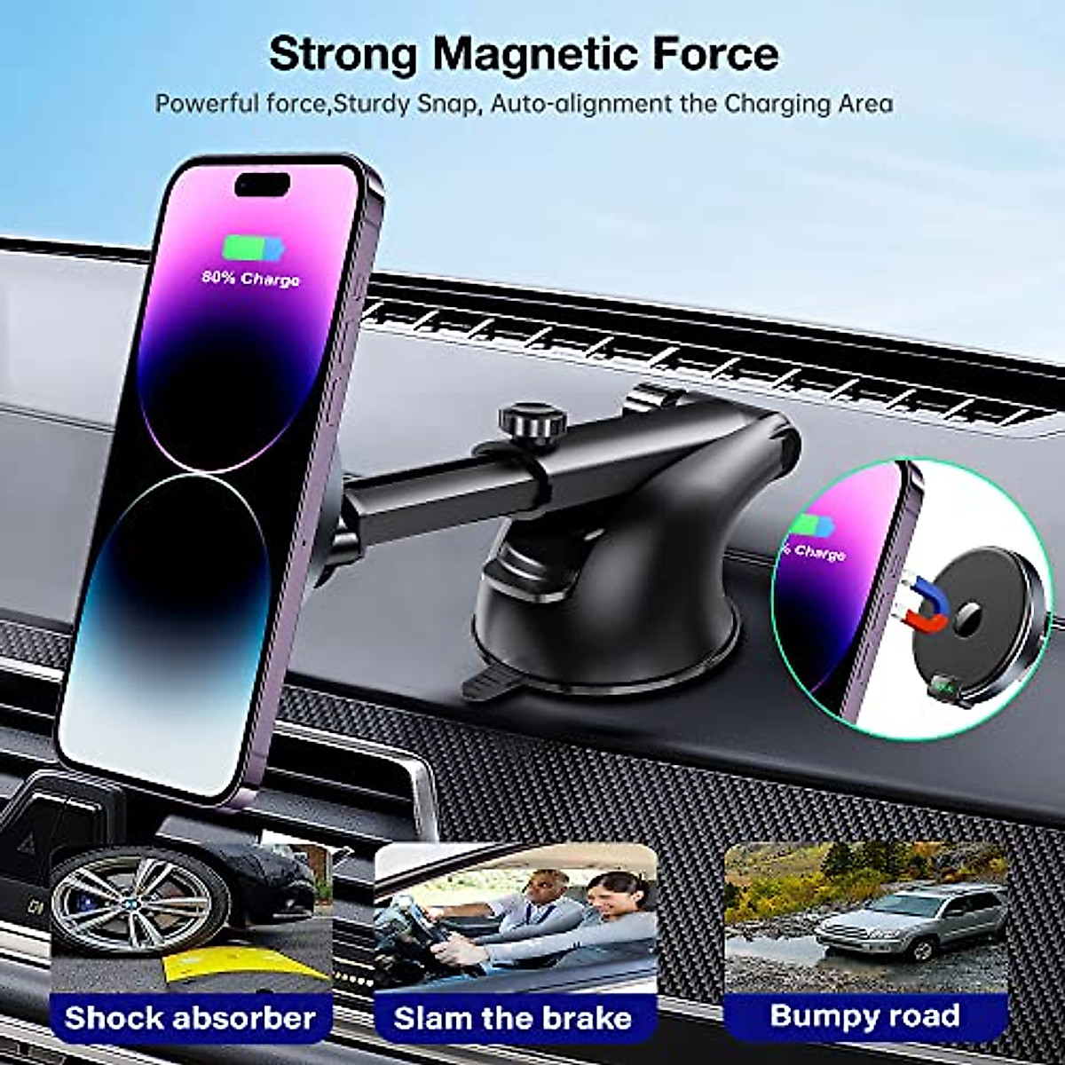 9XX Magnetic Wireless Car Charger for iPhone 14 13 12 Pro Max Mini Samsung w/MagSafe Style Cases - 15W Fast Charge, 360° Rotation, Military-Grade Suction Mount - Ultimate Magsafe Car Mount Charger