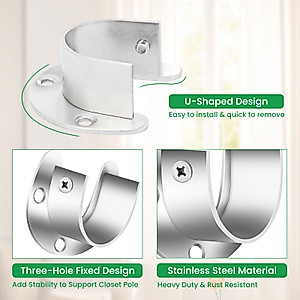 LAHONI 6PCS Closet Shelf & Rod Bracket, U-Shaped Closet Rod End Supports Set, Closet Pole Sockets Kit, Stainless Steel Closet Rod Holders for Hanging Clothes, Curtains, Shower Rods, Wardrobe, Wall