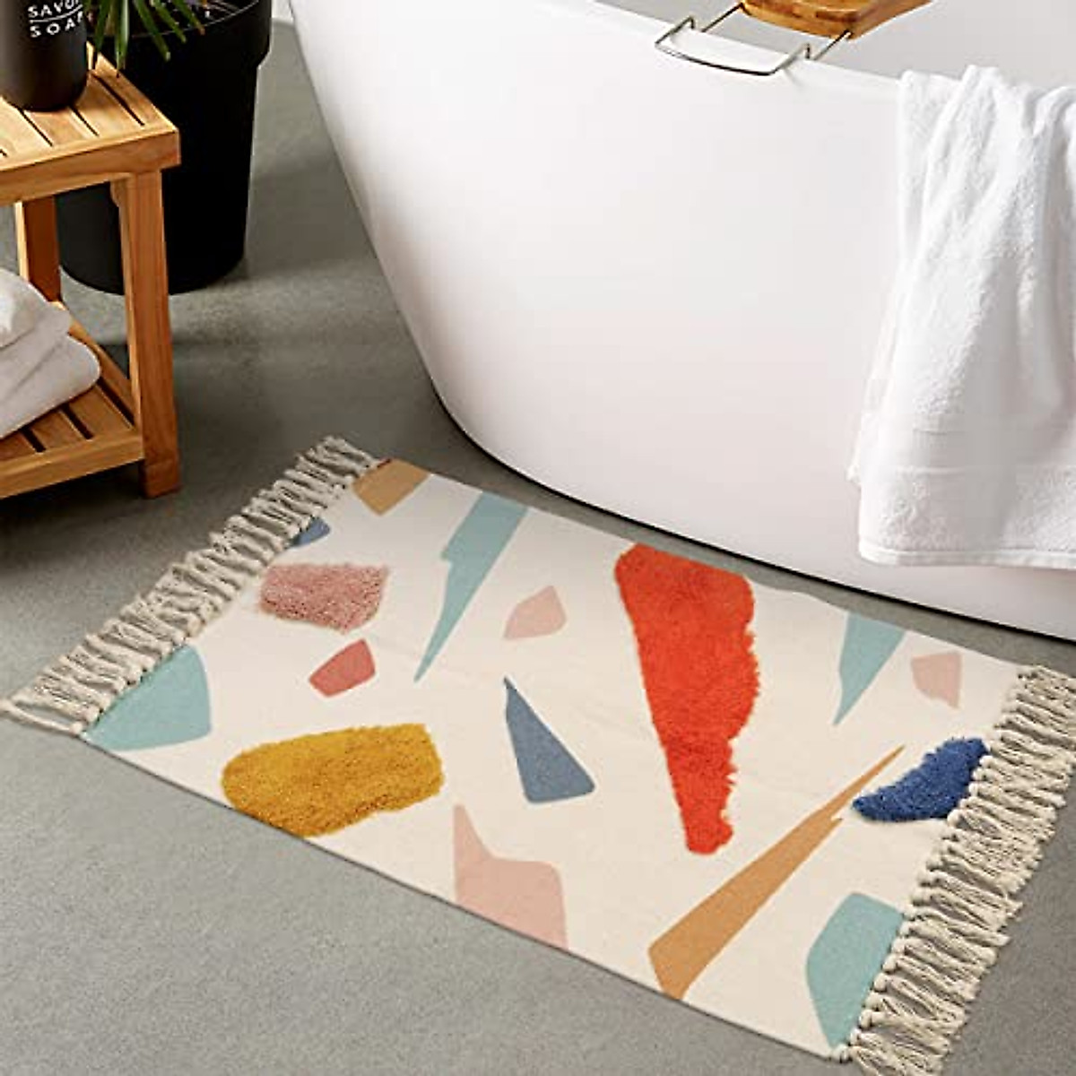 LIVEBOX Cute Bathroom Rug 2' x3' Small Multi-Color Block Kids Area Rug with Tassel Hand Woven Cotton Tufted Indoor Rugs for Bedroom Kitchen Entryway Laundry Wall Hanging