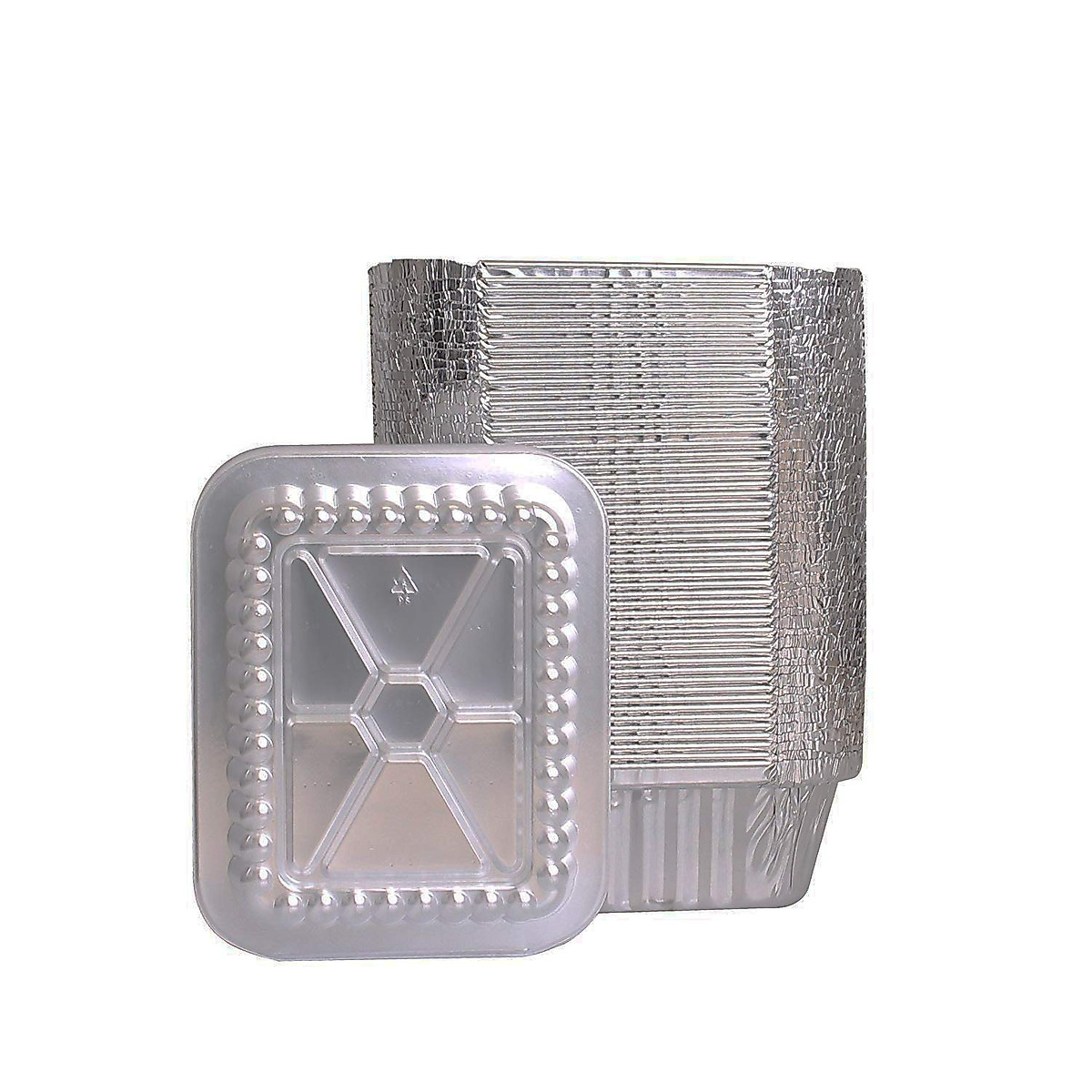 Tiger Chef Oblong Aluminum Tin Foil 1 Pound Pans Dimensions: 5.56" X 4.56" X 1.63" With Clear Dome Lids Measures: 5.5" X 4.5" X 1" Disposable Freezer to Oven Safe for Takeout Storing - 10 Pack