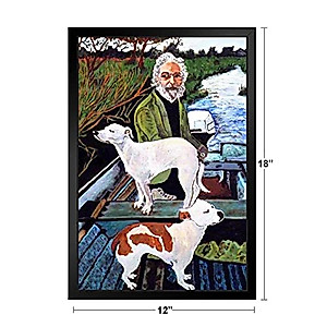 Man in Boat with Dogs Movie Painting Poster Motorboat On Water Film Black Wood Framed Art Poster 14x20