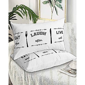 Edwiinsa Black Knife and Fork Eat Laugh Live Pillow Covers Standard Size Set of 2 20x26 Bed Pillow, Rustic White Plush Soft Comfort for Hair/Skin Cooling Pillowcases with Envelop Closure