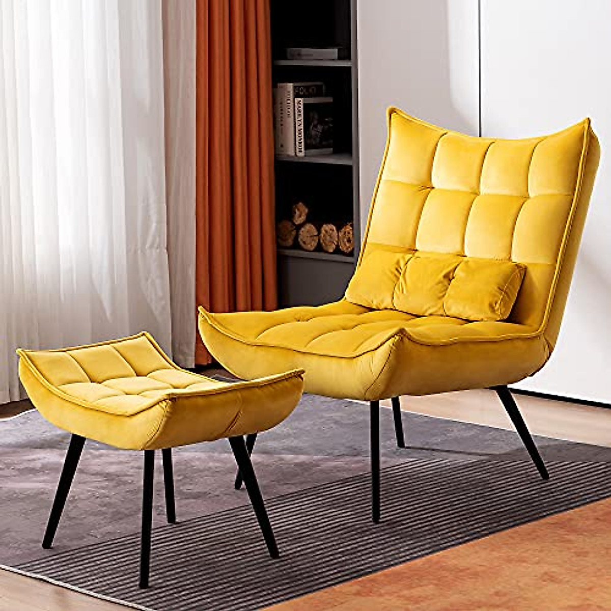 MCombo Accent Chair with Ottoman, Velvet Modern Tufted Wingback Club Chair, Upholstered Leisure Chairs with Metal Legs for Bedroom Living Room 4079 (Yellow)