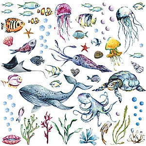 LiveGallery Ocean Life Wall Decals Under The Sea Wall Stickers Whale Jellyfish Clownfish Sea Turtle Cuttlefish Shell Seaweed Conch Coral Wall Decorations for Kids Bedroom Living Room Nursery