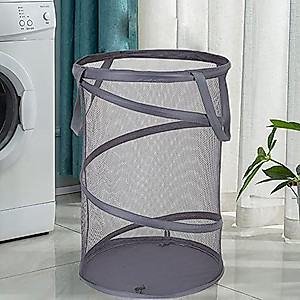 Qtopun Mesh Popup Laundry Hamper, Foldable Portable Cylindrical Dirty Clothes Basket for Bedroom, Kids Room, College Dormitory and Travel — Grey