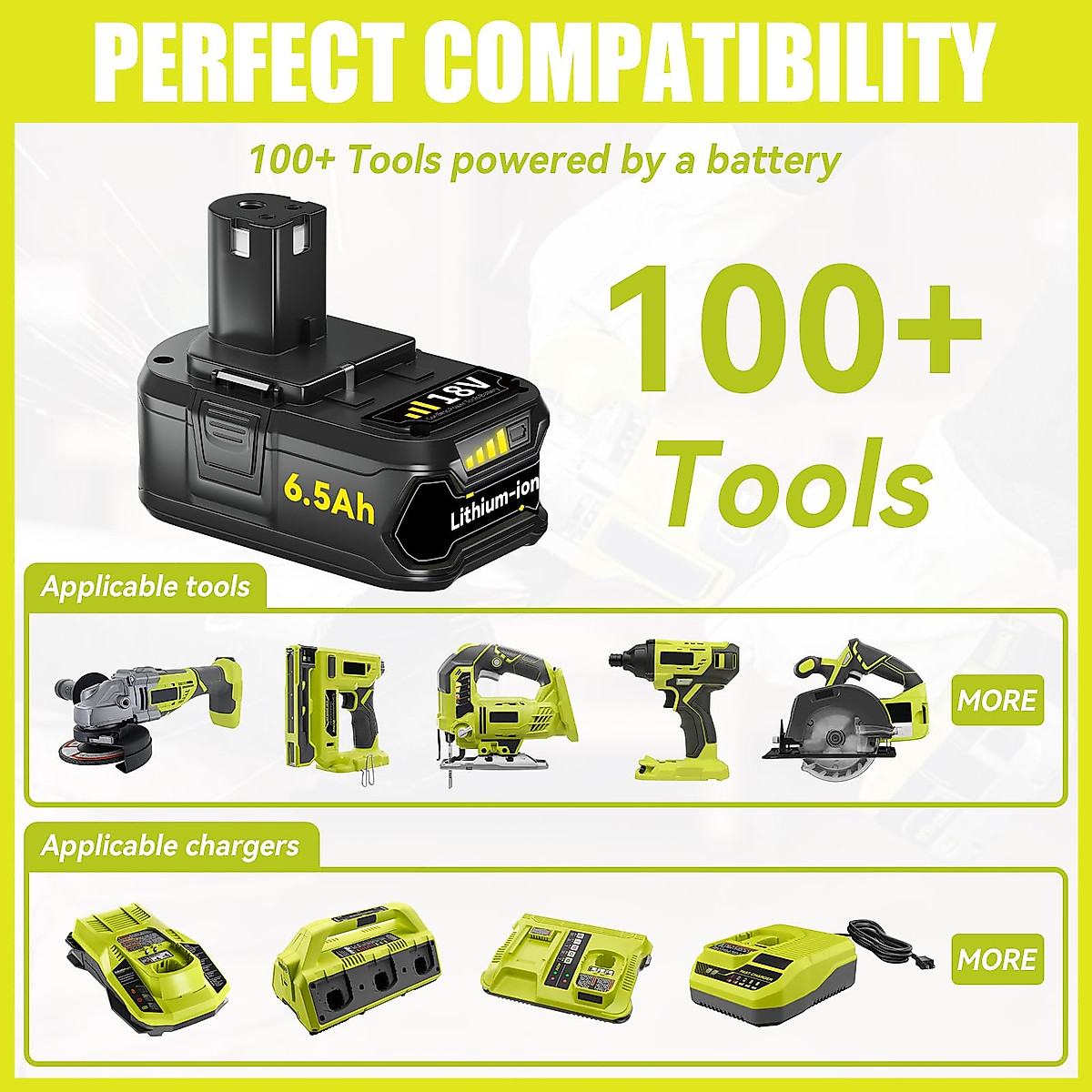 VANON Upgrade to 18V 6.5Ah P108 Battery + P117 Fast Charger Dual Chemistry IntelliPort Replacement for Ryobi 18Volt Battery and Charger Lithium ion Batería Combo Pack