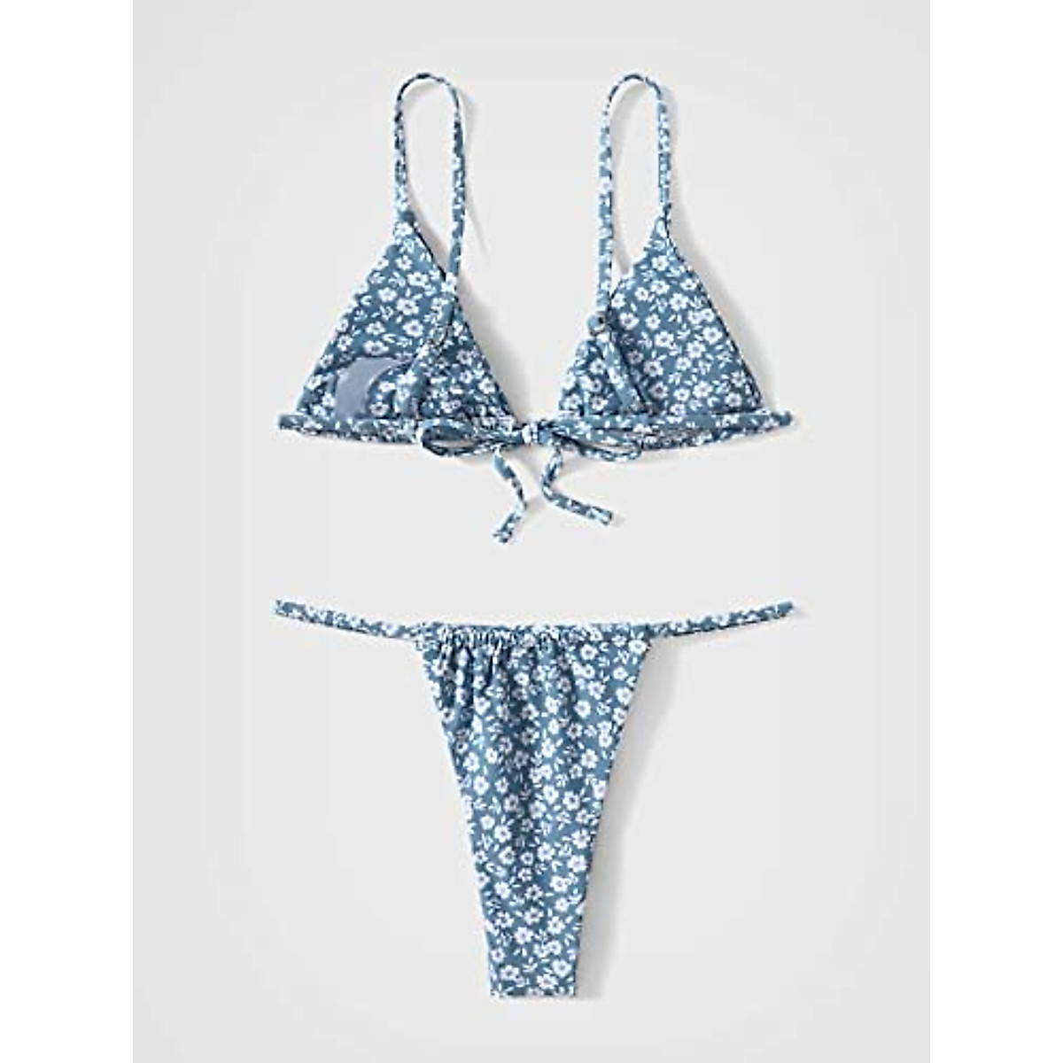 WDIRARA Women's Floral Print Tie Side Swimwear Straps Bikini Sets Swimsuits Blue White XS