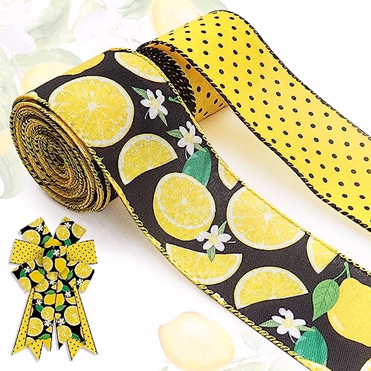ALIBBON 2 Rolls 2.5" × 5 Yd Summer Lemon Wired Ribbon Summer Flower Burlap Ribbons Fruits Ribbon Flaxen Yellow Dots Ribbon for Summer Wreath DIY Crafting Gifts Wrapping Party Decoration