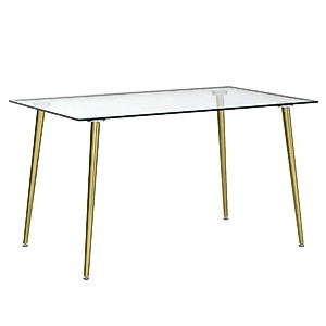 Glass Dining Table for 4 with 51 inch Clear Tempered Glass Top, 0.31" Modern Rectangular Glass Kitchen Table Furniture with 4 Golden Plating Metal Legs for Home Kitchen Room