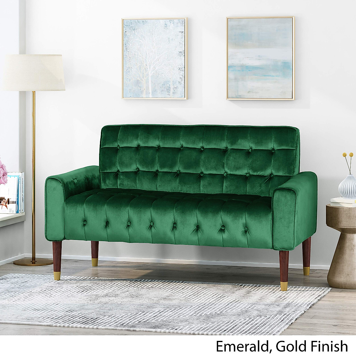 Christopher Knight Home Aubrie Tufted Velvet Loveseat Tipped Tapered Legs, Emerald and Gold Finish