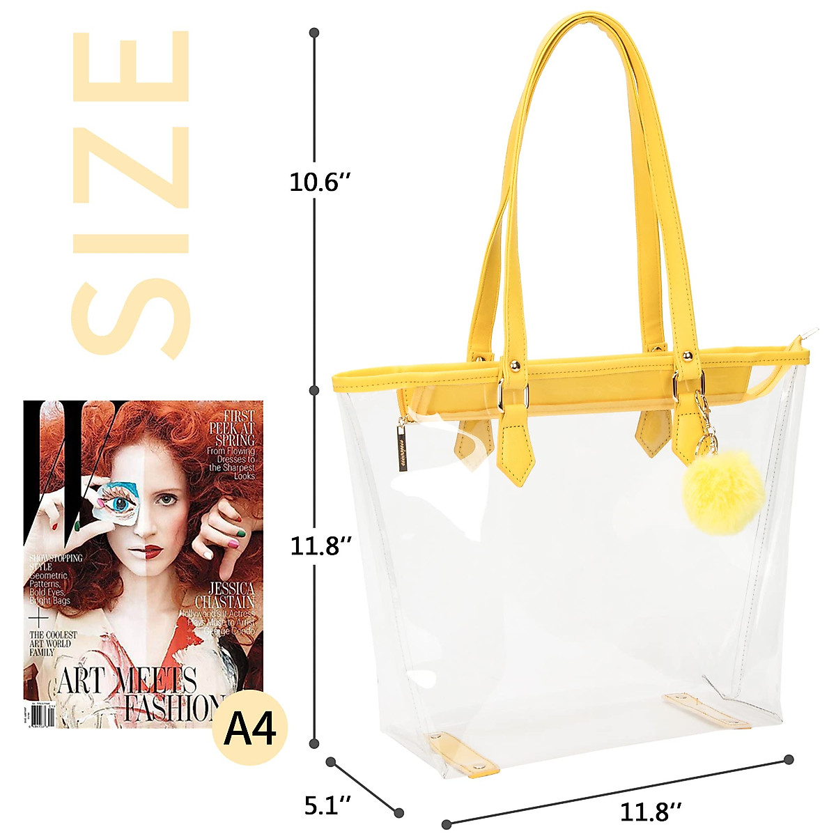 Large Clear Bag Transparent Shoulder Handbag with Yellow Plush Pendant (Yellow)