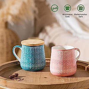 Taimei Teatime Coffee Mug with Lid Set of 2, 16.5 oz Ceramic Coffee Mugs with Handpainted Floral Pattern, Mugs Gift Set for Tea Lover, Woman and Couple, Microwave and Dishwasher Safe