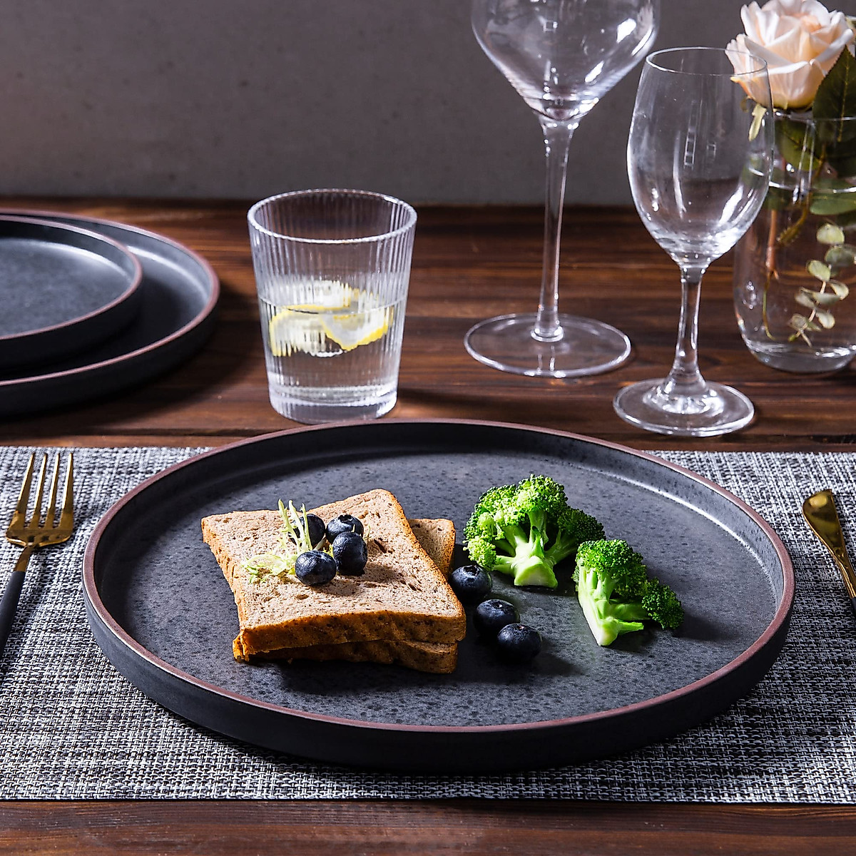 LERATIO Dinner Plates,Ceramic Dinner Plates Set of 6,10.75 inch Large ceramic plates,Modern Shape Dinnerware Dishes Set for Kitchen, Microwave & Dishwasher & Oven Safe-Coffee Rim