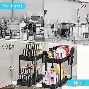 Eufrozy Under Sink Organizers for Bathroom, 2 Tier Adjustable Height Under Cabinet Sliding Storage, Black Under Counter Drawers Slide Out for Kitchen Organization Shelf with 8 Hook 2 Cup