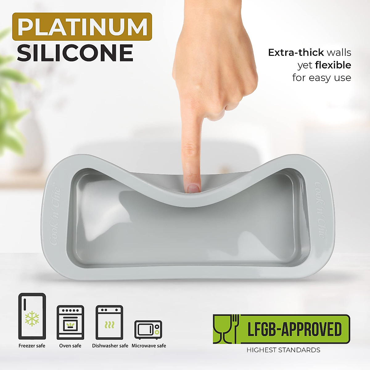 Silicone Loaf Pan (Medium) Non-Stick Oven Dish - Professional Bakeware Baking Mould for Cakes Pies Breads - Microwave Dishwasher Freezer Safe - Quick Release - 9.0" x 3.9" x 2.7" by Cook’n’Chic