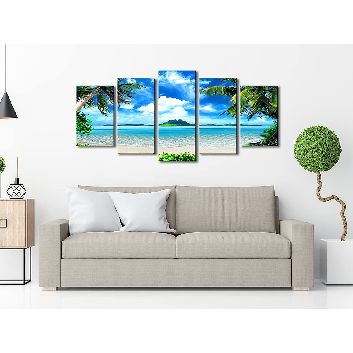 Pyradecor Modern 5 Panels Blue Sea Beach Pictures Paintings on Canvas Wall Art Stretched Contemporary Landscape Ocean Canvas Prints Artwork for Bedroom Home Decorations