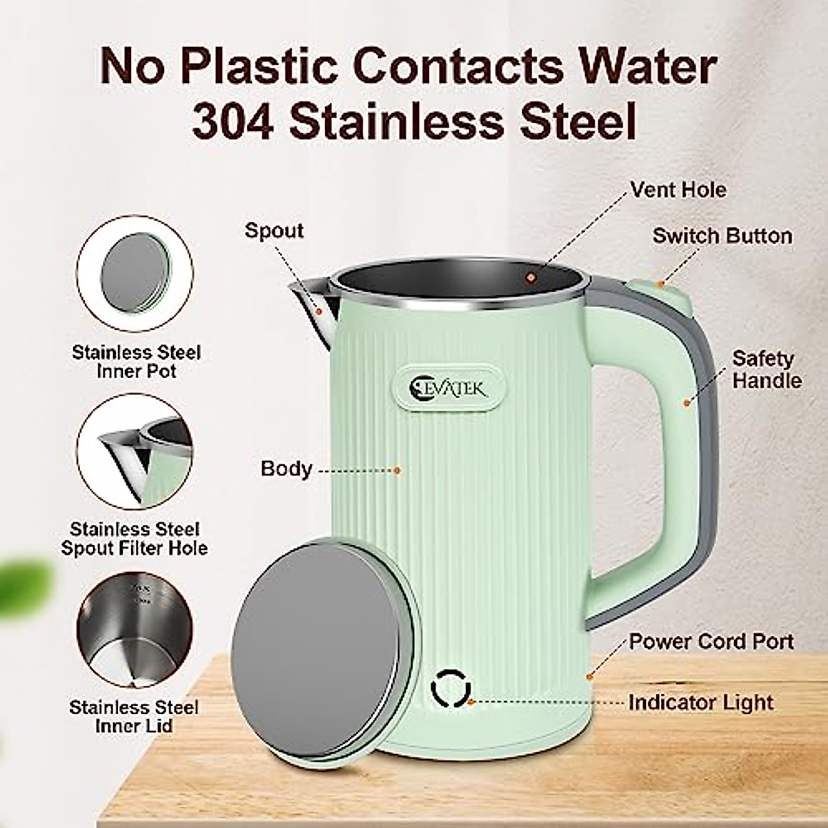EVATEK Small Electric Kettle, 600W Mini Portable Tea Kettle, Travel Stainless Steel Interior Hot Water Boiler, Auto Shut-Off & No Base, Gift for Camping, Office, Student Dormitory