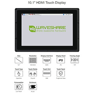 waveshare 10.1inch Capacitive Touch Screen LCD Compatible with Raspberry Pi 5/4B/3B/Zero/Zero W/Zero 2W/Pico/Pico W/Pico WH, Comes with Case and Toughened Glass Cover 1280×800 Resolution HDMI IPS