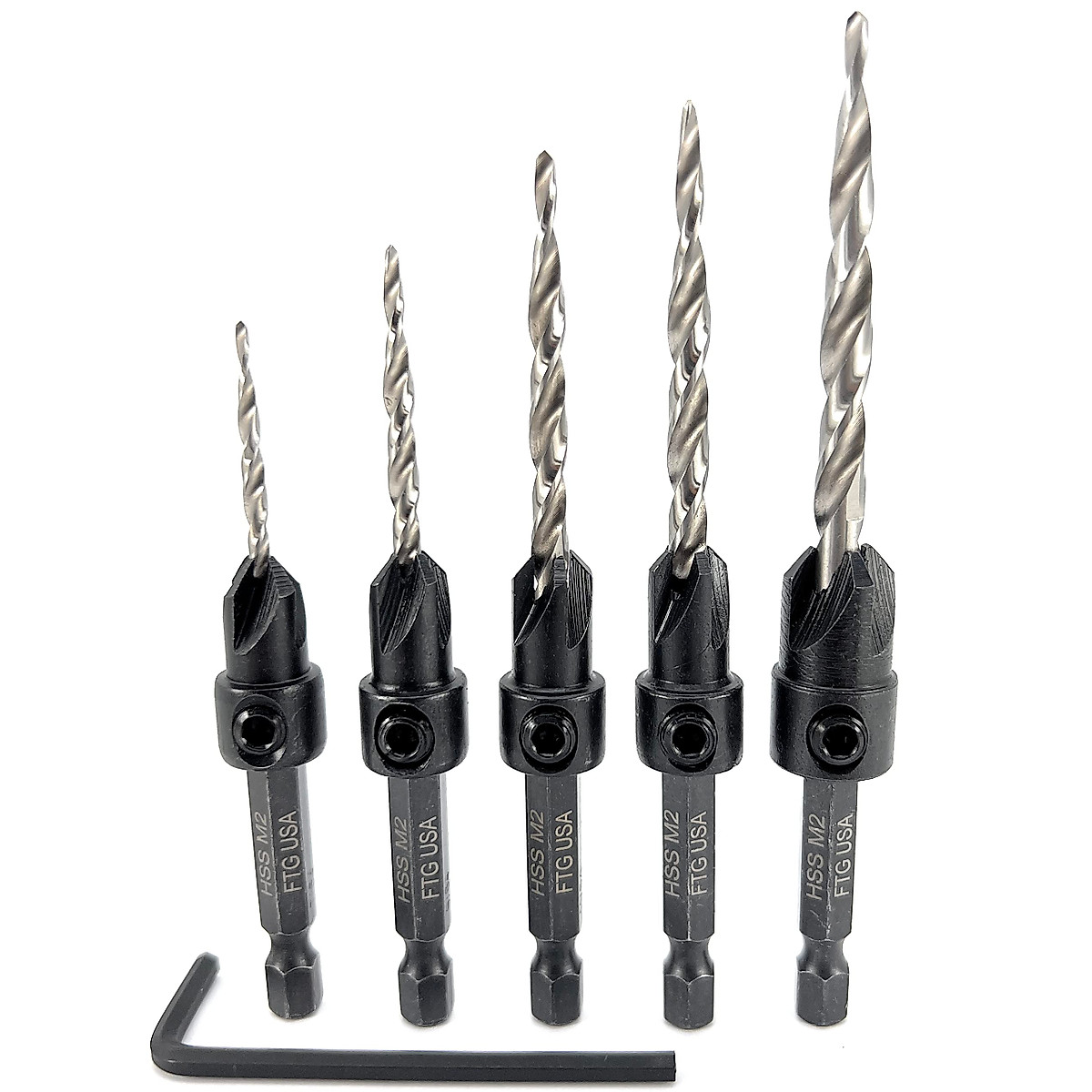 FTG USA Adjustable Wood Countersink Drill Bit Set 5 Pc Countersink Drill Bit #4#6#8#10#12 Tapered Drill Bits for Woodworking
