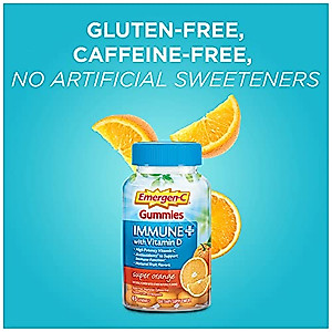Emergen-C Immune+ Immune Gummies, Vitamin D plus 750 mg Vitamin C, Immune Support Dietary Supplement, Caffeine Free, Gluten Free, Super Orange Flavor - 45 Count