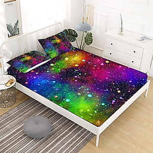 NiuOne Galaxy Fitted Sheet Set Rainbow Space Bedding Sheet Set for Girls Full 3PCS 1 Deep Pocket Sheet with 2 Pillowcases Wrinkle Free Microfiber(16,Full)