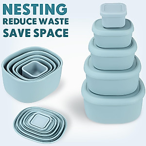 Yiyiring 5 Pcs Nesting Silicone Food Storage Containers with Lids Blue Silicone Bento Lunch Boxes Airtight Silicone Lunch Container, Microwave and Freezer Safe Lunch Supplies