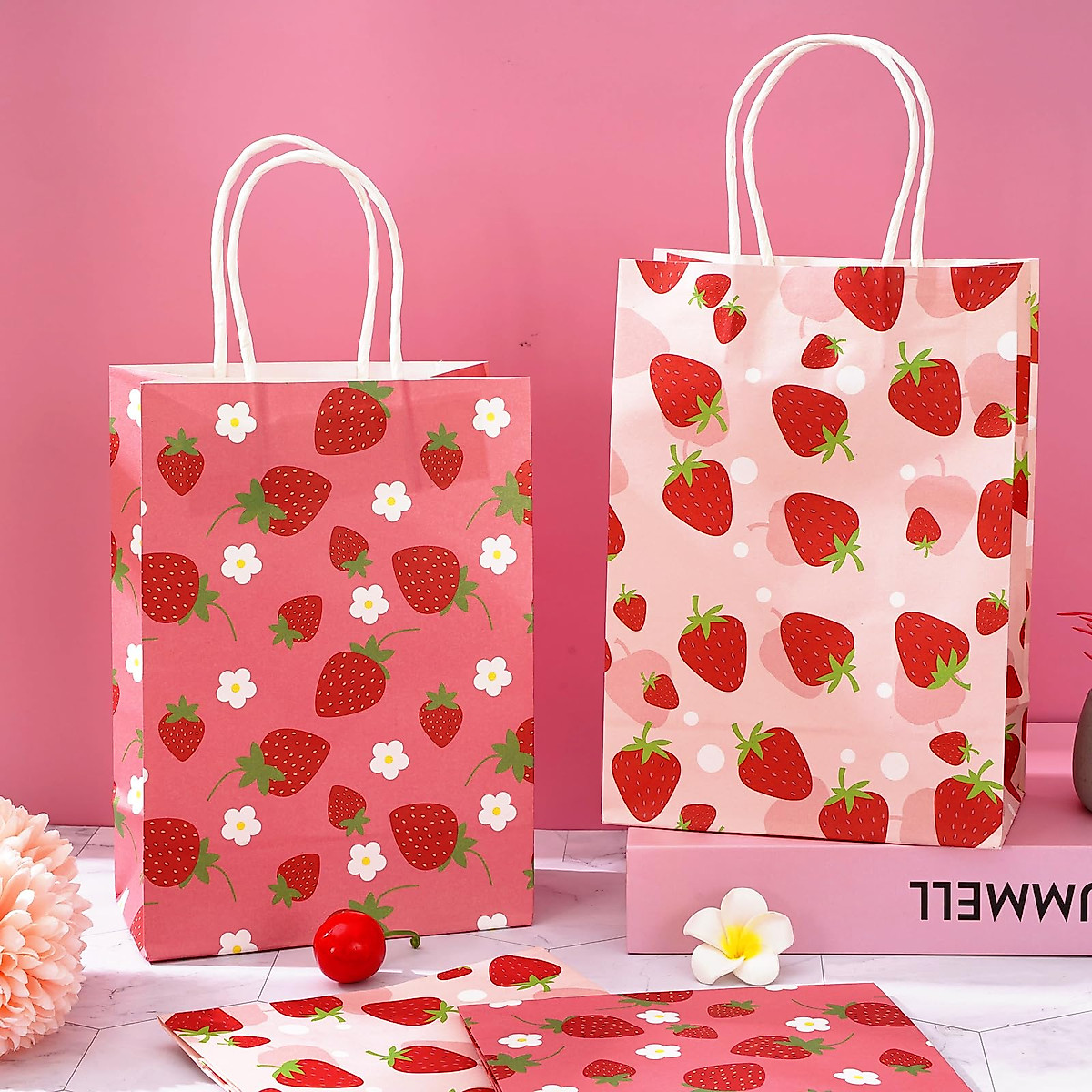 Generic AnyDesign 24Pcs Strawberry Paper Gift Bags with Handles Red Pink Strawberry Party Favor Bags Cute Goodie Candy Treat Bag for Berry Sweet Baby Shower Birthday Wedding Party Supplies