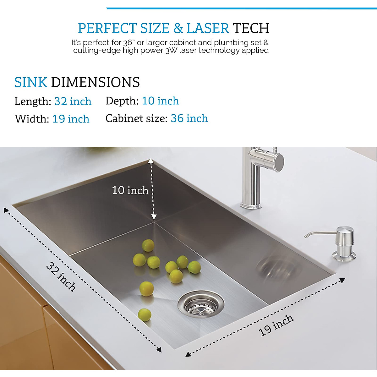 KABCO K-SSZRIS1 32 Inch 16 Guage Undermount kitchen sink Zero Radius Single Bowl stainless steel Finish kitchen sink 32"L X 19"W X 10"D Inch