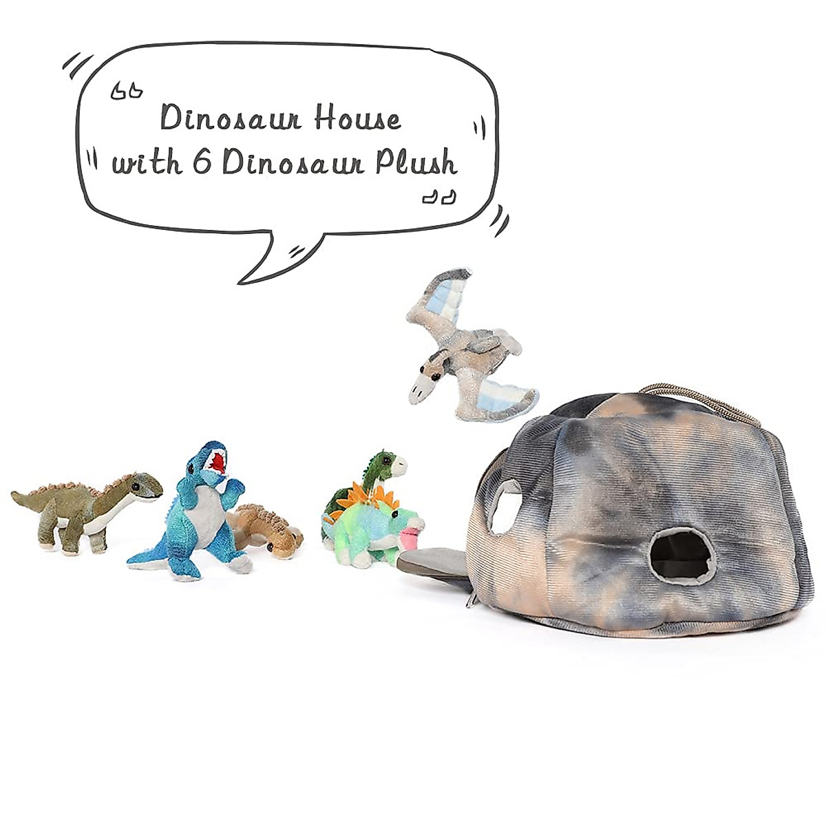 Muiteiur Dinosaur House with 6 Plush Dinosaurs Stuffed Animal Great Set Toy Childrens Day Gift for Boys and Girls, 7.8 inch