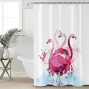 Pink Flamingo Waterproof Shower Curtains Set - Extra Long 72 x 84 Inch, Watercolor Pink Blue Animals Polyester Fabric Bathroom Curtain with 12 Hooks, Bathroom Accessories, 1 Panel