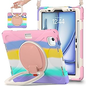 SCSVPN for iPad Air 11 Inch Case 6th Generation 2024 M2 | iPad Air 5th/4th Gen Case 10.9''| iPad Pro 11'' (2022-2018) Protection Kids Cover w/Pencil Holder-Stand-Handle-Shoulder Strap, Colorful Pink