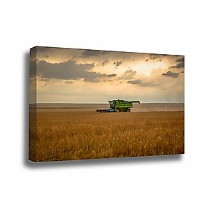 Farm Canvas Wall Art (Ready to Hang) Gallery Wrap of Combine Cutting Wheat as Rain Starts to Fall in Colorado Harvest Photography Farmhouse Decor (.75, 8" x 10")