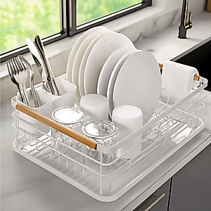 Navaris Dish Drainer Rack - Plate, Silverware, Pots and Pans Drying Rack for Kitchen with Beechwood Handles - Modern Retro Design Drip Tray - White