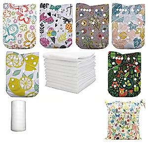 DoDo Bear Cloth Diapers One Size Adjustable Washable Reusable for Baby Girls Boys 6 Pack + 6 Insert and Wet Diaper Bag(Color07)