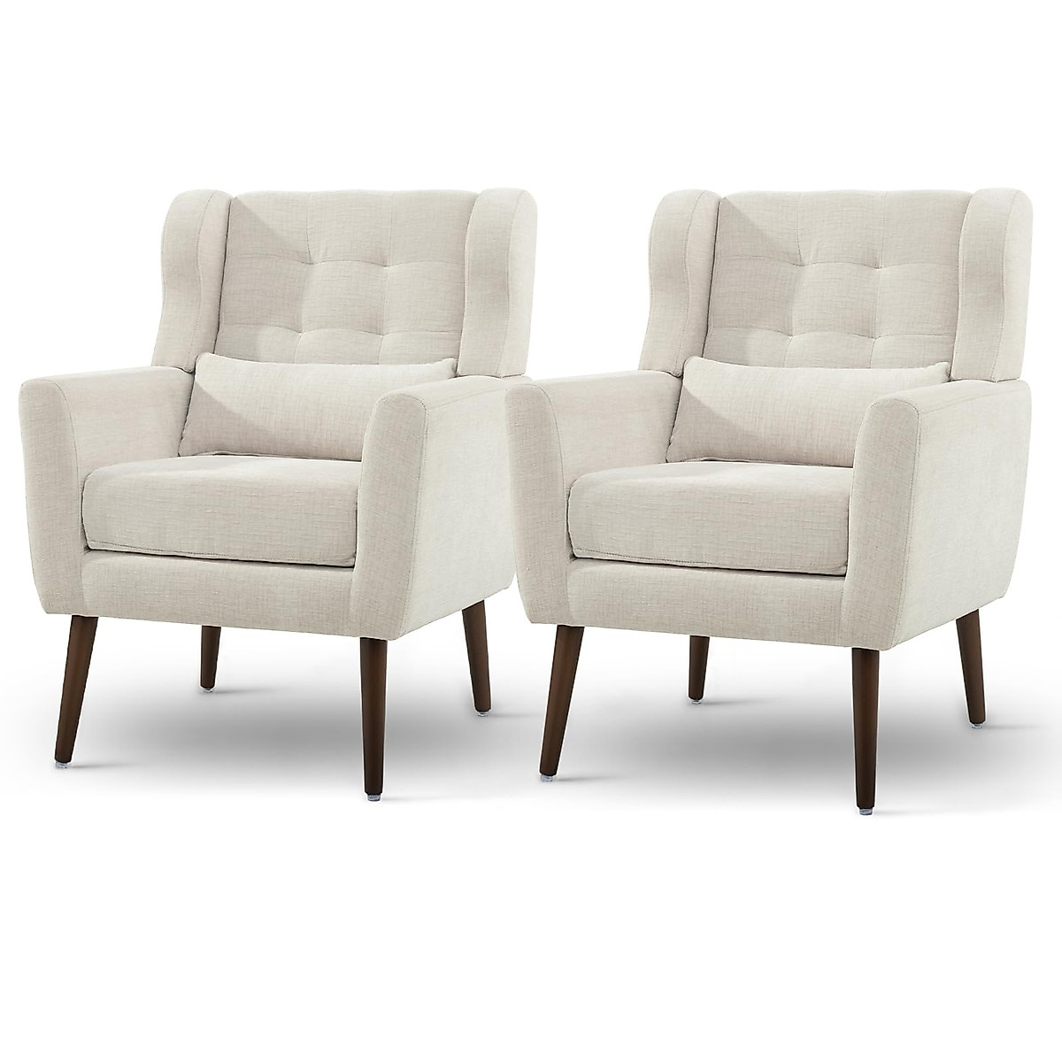 cinkehome Accent Chairs Set of 2 for Living Room, Chenille Upholstered Mordern Armchair, Comfy Soft Padded Lounge Reading Arm Chair in Small Space, Bedroom, Pillow, Solid Wood Leg, Beige